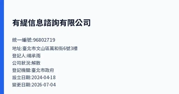 有緹信息諮詢有限公司的照片-統編 96802719(臺北市) 公司登記資料與營業項目詳細圖表