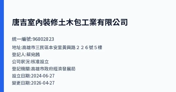 唐吉室內裝修土木包工業有限公司的照片-統編 96802823(高雄市) 公司登記資料與營業項目詳細圖表