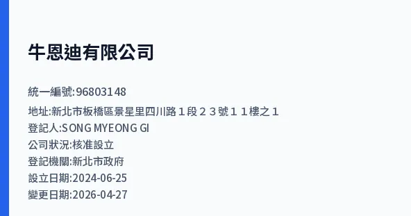 牛恩迪有限公司的照片-統編 96803148(新北市) 公司登記資料與營業項目詳細圖表