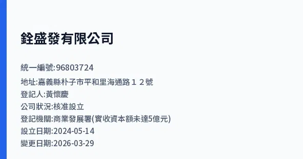 銓盛發有限公司的照片-統編 96803724(嘉義縣) 公司登記資料與營業項目詳細圖表