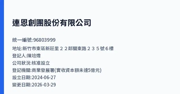 連恩創團股份有限公司的照片-統編 96803999(新竹市) 公司登記資料與營業項目詳細圖表