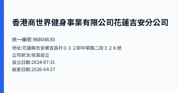 香港商世界健身事業有限公司花蓮吉安分公司的照片-統編 96804630(花蓮縣) 公司登記資料與營業項目詳細圖表