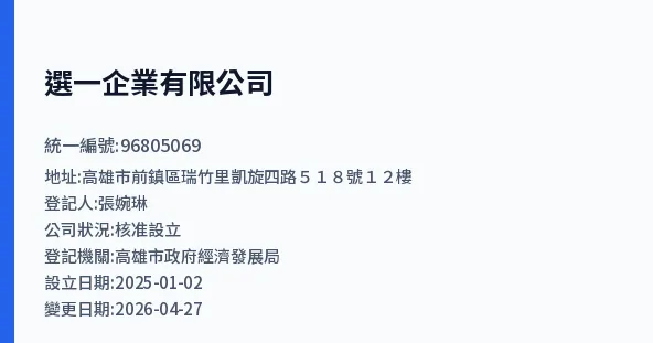 選一企業有限公司的照片-統編 96805069(高雄市) 公司登記資料與營業項目詳細圖表