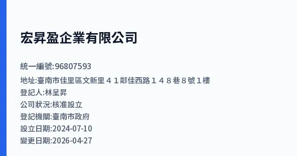 宏昇盈企業有限公司的照片-統編 96807593(臺南市) 公司登記資料與營業項目詳細圖表