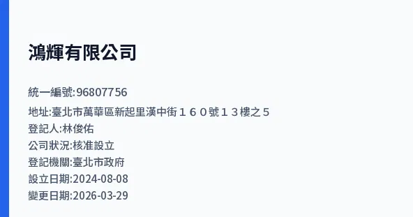 鴻輝有限公司的照片-統編 96807756(臺北市) 公司登記資料與營業項目詳細圖表