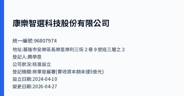 康樂智選科技股份有限公司的照片-統編 96807974(基隆市) 公司登記資料與營業項目詳細圖表