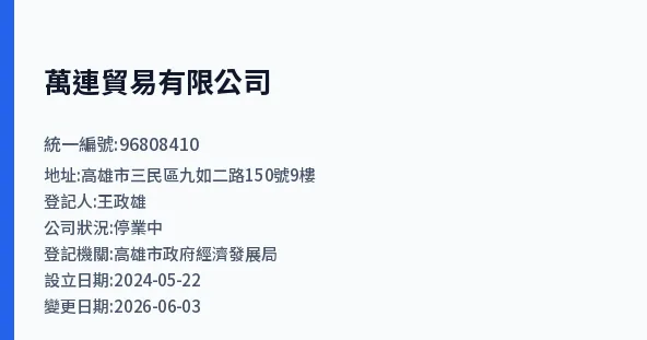 萬連貿易有限公司的照片-統編 96808410(高雄市) 公司登記資料與營業項目詳細圖表