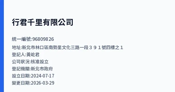 行君千里有限公司的照片-統編 96809826(新北市) 公司登記資料與營業項目詳細圖表