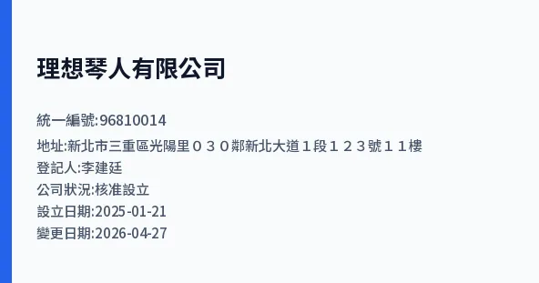 理想琴人有限公司的照片-統編 96810014(新北市) 公司登記資料與營業項目詳細圖表