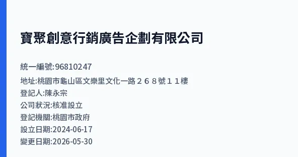 寶聚創意行銷廣告企劃有限公司的照片-統編 96810247(桃園市) 公司登記資料與營業項目詳細圖表