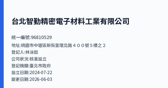 台北智勤精密電子材料工業有限公司的照片-統編 96810529(桃園市) 公司登記資料與營業項目詳細圖表