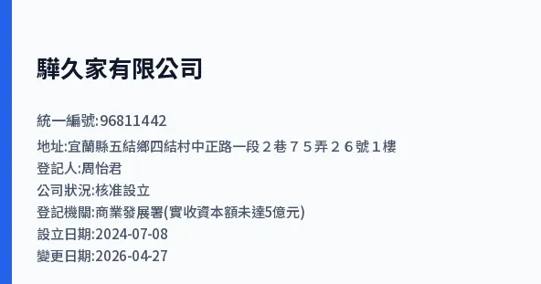 驊久家有限公司的照片-統編 96811442(宜蘭縣) 公司登記資料與營業項目詳細圖表