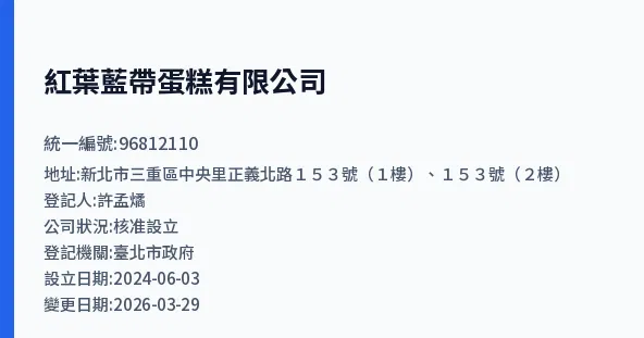 紅葉藍帶蛋糕有限公司的照片-統編 96812110(新北市) 公司登記資料與營業項目詳細圖表