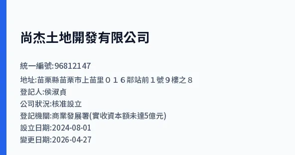 尚杰土地開發有限公司的照片-統編 96812147(苗栗縣) 公司登記資料與營業項目詳細圖表
