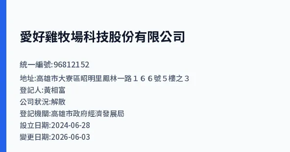 愛好雞牧場科技股份有限公司的照片-統編 96812152(高雄市) 公司登記資料與營業項目詳細圖表