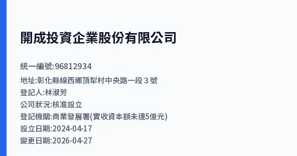 開成投資企業股份有限公司的照片-統編 96812934(彰化縣) 公司登記資料與營業項目詳細圖表