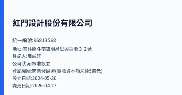 紅門設計股份有限公司的照片-統編 96813568(雲林縣) 公司登記資料與營業項目詳細圖表