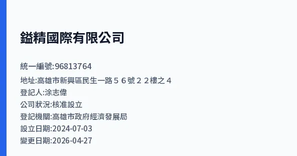 鎰精國際有限公司的照片-統編 96813764(高雄市) 公司登記資料與營業項目詳細圖表