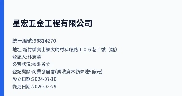 星宏五金工程有限公司的照片-統編 96814270(新竹縣) 公司登記資料與營業項目詳細圖表