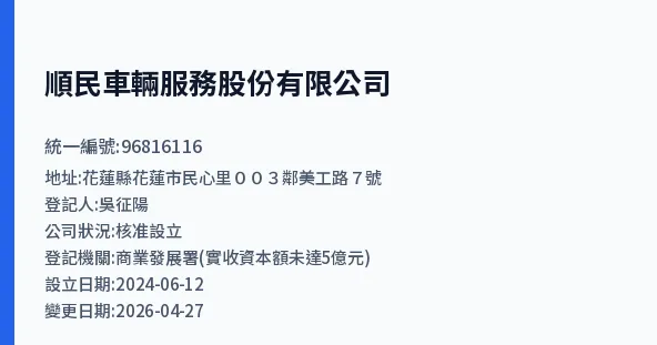 順民車輛服務股份有限公司的照片-統編 96816116(花蓮縣) 公司登記資料與營業項目詳細圖表