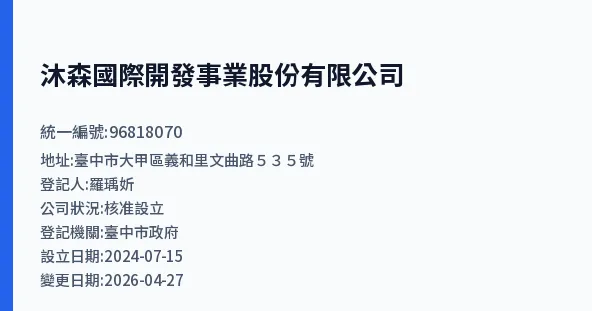 沐森國際開發事業股份有限公司的照片-統編 96818070(臺中市) 公司登記資料與營業項目詳細圖表