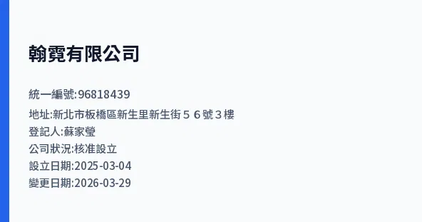 翰霓有限公司的照片-統編 96818439(新北市) 公司登記資料與營業項目詳細圖表