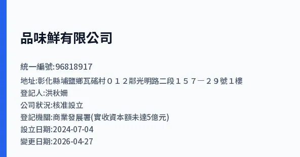 品味鮮有限公司的照片-統編 96818917(彰化縣) 公司登記資料與營業項目詳細圖表