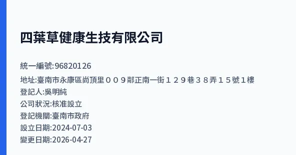 四葉草健康生技有限公司的照片-統編 96820126(臺南市) 公司登記資料與營業項目詳細圖表