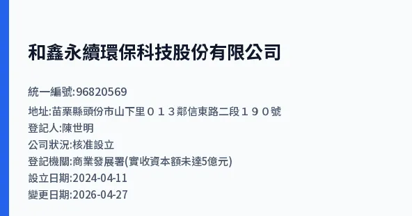 和鑫永續環保科技股份有限公司的照片-統編 96820569(苗栗縣) 公司登記資料與營業項目詳細圖表
