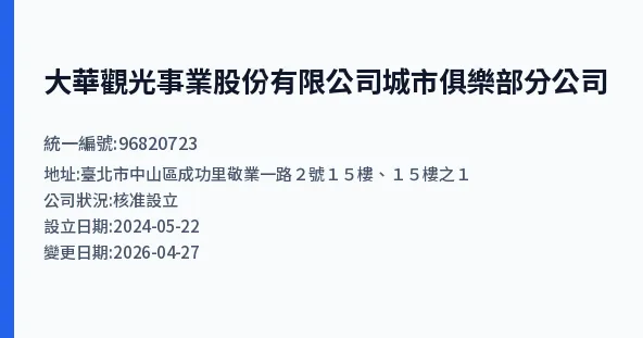 大華觀光事業股份有限公司城市俱樂部分公司的照片-統編 96820723(臺北市) 公司登記資料與營業項目詳細圖表
