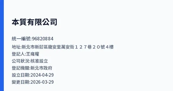本質有限公司的照片-統編 96820884(新北市) 公司登記資料與營業項目詳細圖表