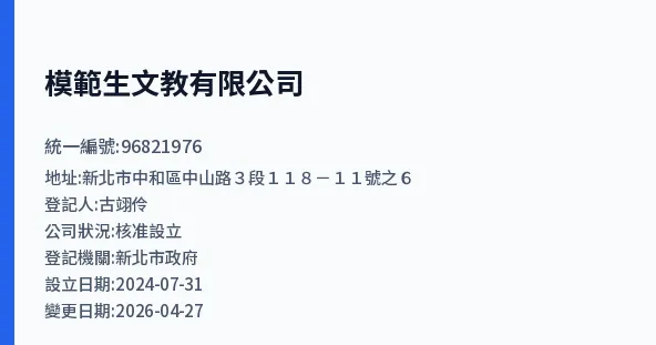 模範生文教有限公司的照片-統編 96821976(新北市) 公司登記資料與營業項目詳細圖表
