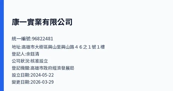康一實業有限公司的照片-統編 96822481(高雄市) 公司登記資料與營業項目詳細圖表
