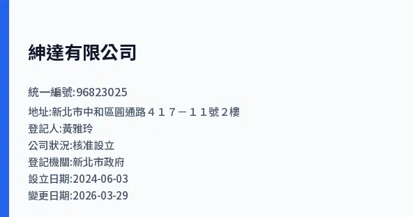 紳達有限公司的照片-統編 96823025(新北市) 公司登記資料與營業項目詳細圖表