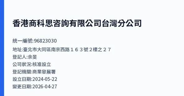 香港商科思咨詢有限公司台灣分公司的照片-統編 96823030(臺北市) 公司登記資料與營業項目詳細圖表