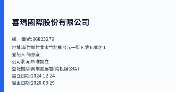 喜瑪國際股份有限公司的照片-統編 96823279(新竹縣) 公司登記資料與營業項目詳細圖表