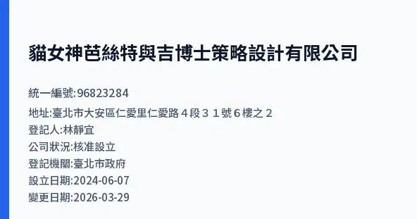 貓女神芭絲特與吉博士策略設計有限公司的照片-統編 96823284(臺北市) 公司登記資料與營業項目詳細圖表