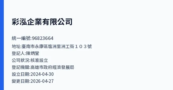 彩泓企業有限公司的照片-統編 96823664(臺南市) 公司登記資料與營業項目詳細圖表