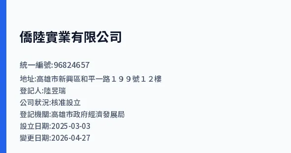 僑陸實業有限公司的照片-統編 96824657(高雄市) 公司登記資料與營業項目詳細圖表