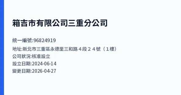 箱吉市有限公司三重分公司的照片-統編 96824919(新北市) 公司登記資料與營業項目詳細圖表
