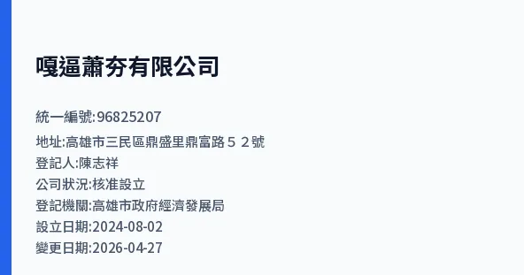 嘎逼蕭夯有限公司的照片-統編 96825207(高雄市) 公司登記資料與營業項目詳細圖表