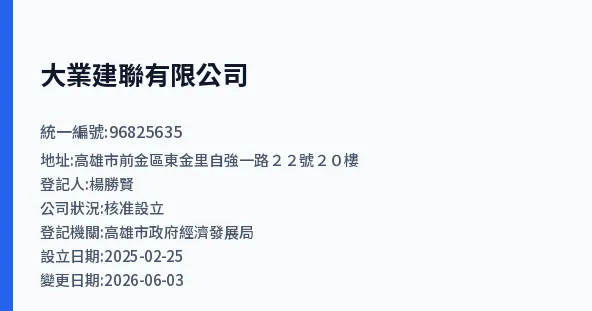 大業建聯有限公司的照片-統編 96825635(高雄市) 公司登記資料與營業項目詳細圖表