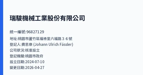 瑞駿機械工業股份有限公司的照片-統編 96827129(桃園市) 公司登記資料與營業項目詳細圖表