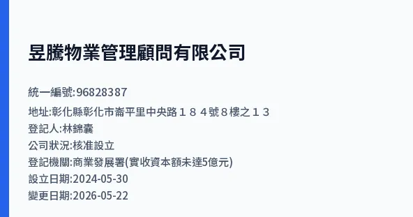 昱騰物業管理顧問有限公司的照片-統編 96828387(彰化縣) 公司登記資料與營業項目詳細圖表