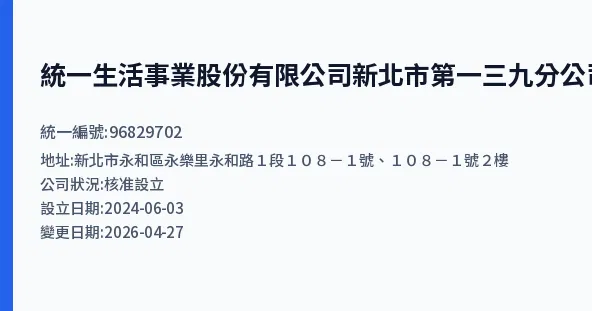 統一生活事業股份有限公司新北市第一三九分公司的照片-統編 96829702(新北市) 公司登記資料與營業項目詳細圖表