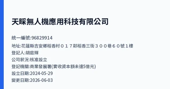 天睬無人機應用科技有限公司的照片-統編 96829914(花蓮縣) 公司登記資料與營業項目詳細圖表