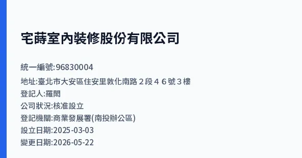 宅蒔室內裝修股份有限公司的照片-統編 96830004(新竹市) 公司登記資料與營業項目詳細圖表