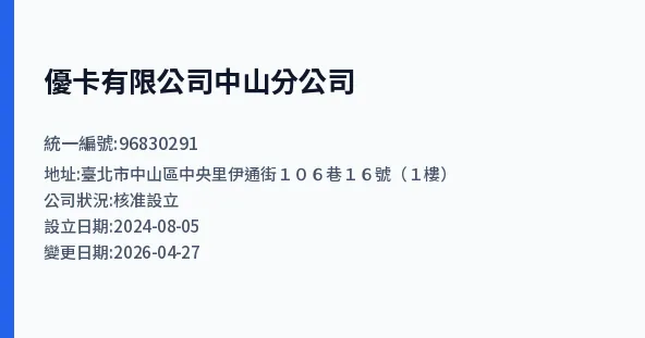 優卡有限公司中山分公司的照片-統編 96830291(臺北市) 公司登記資料與營業項目詳細圖表
