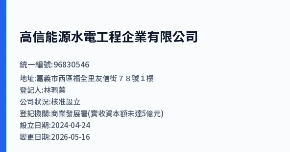 高信能源水電工程企業有限公司的照片-統編 96830546(嘉義市) 公司登記資料與營業項目詳細圖表