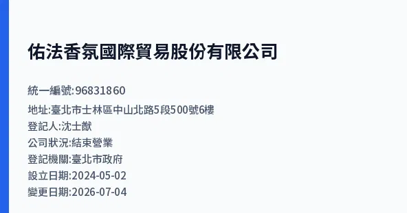 佑法香氛國際貿易股份有限公司的照片-統編 96831860(臺北市) 公司登記資料與營業項目詳細圖表